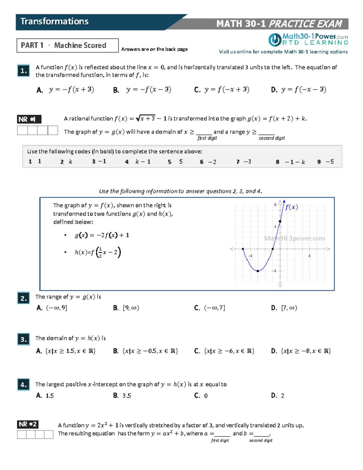 MATH 30-1 Practice Exam on Transformations - Studocu