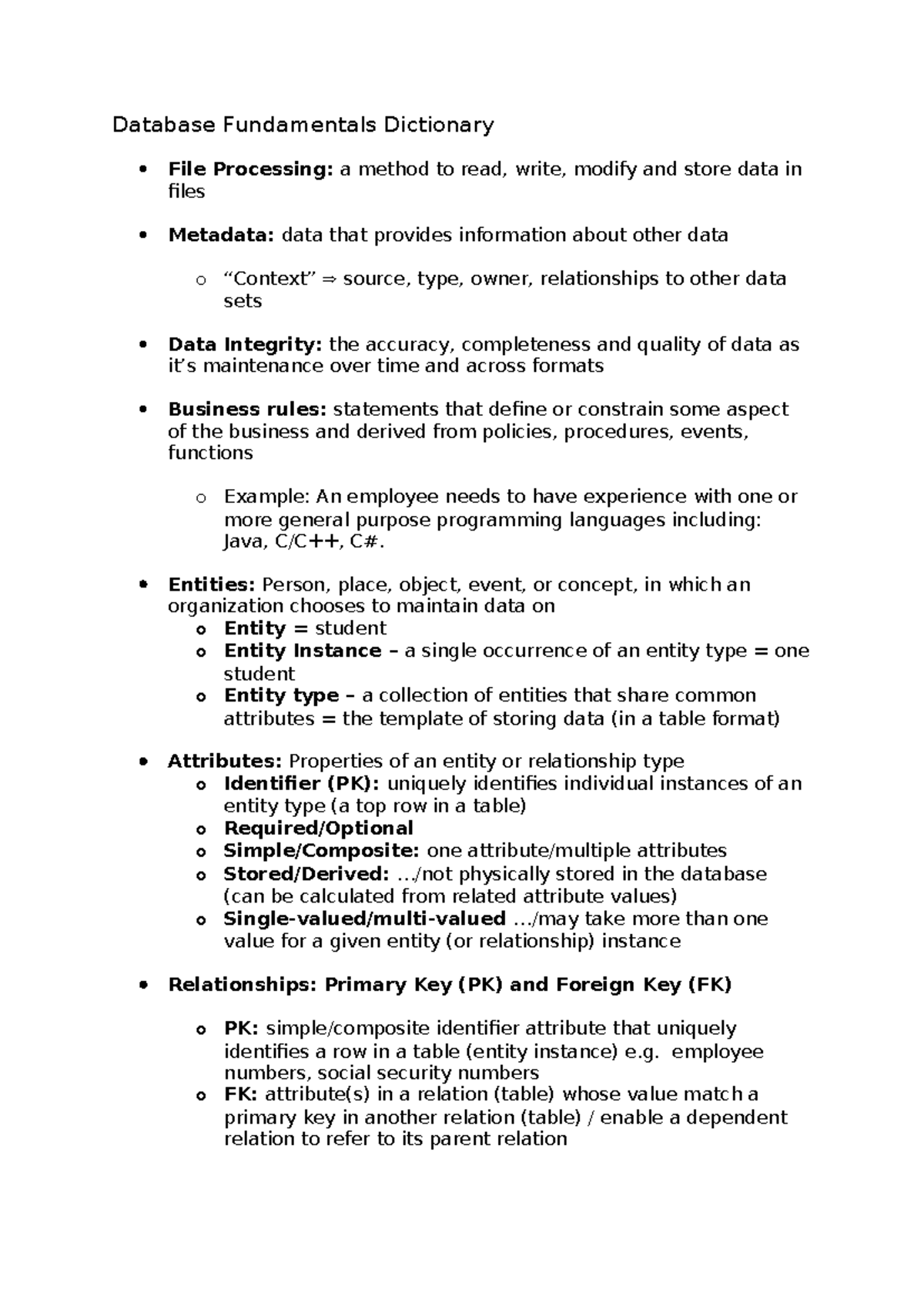 Database Fundamentals: Key Concepts and Definitions - Studocu