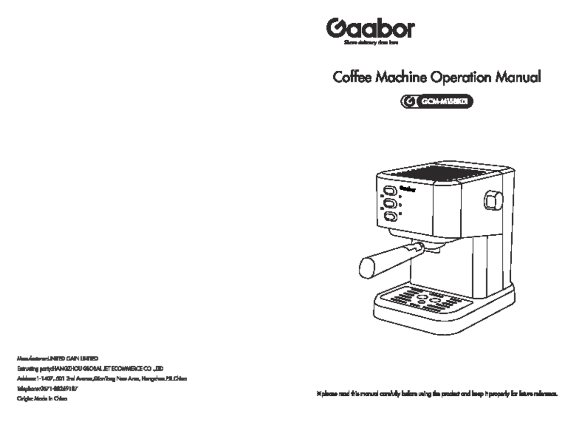 Gaabor Gcm M15BK01 Coffee Machine Operation Manual - Studocu