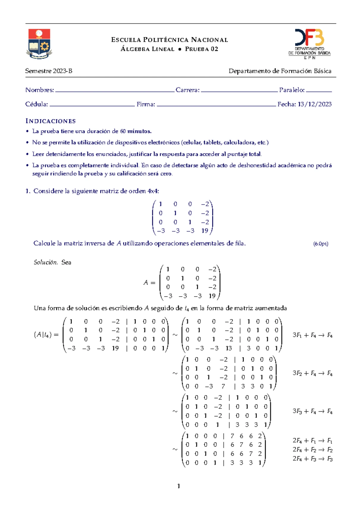 Algebra Ejercicios 202 3A (29) - ESCUELA POLITÉCNICA NACIONAL ÁLGEBRA ...