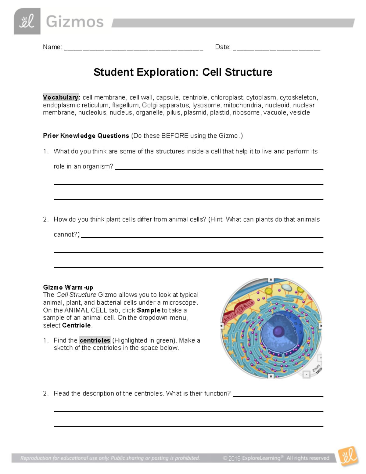 Cell Structure Gizmo - Worksheet - Name ...