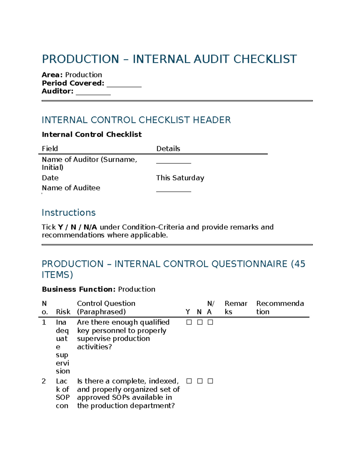 Production Internal Audit Checklist: Internal Control Review - Studocu