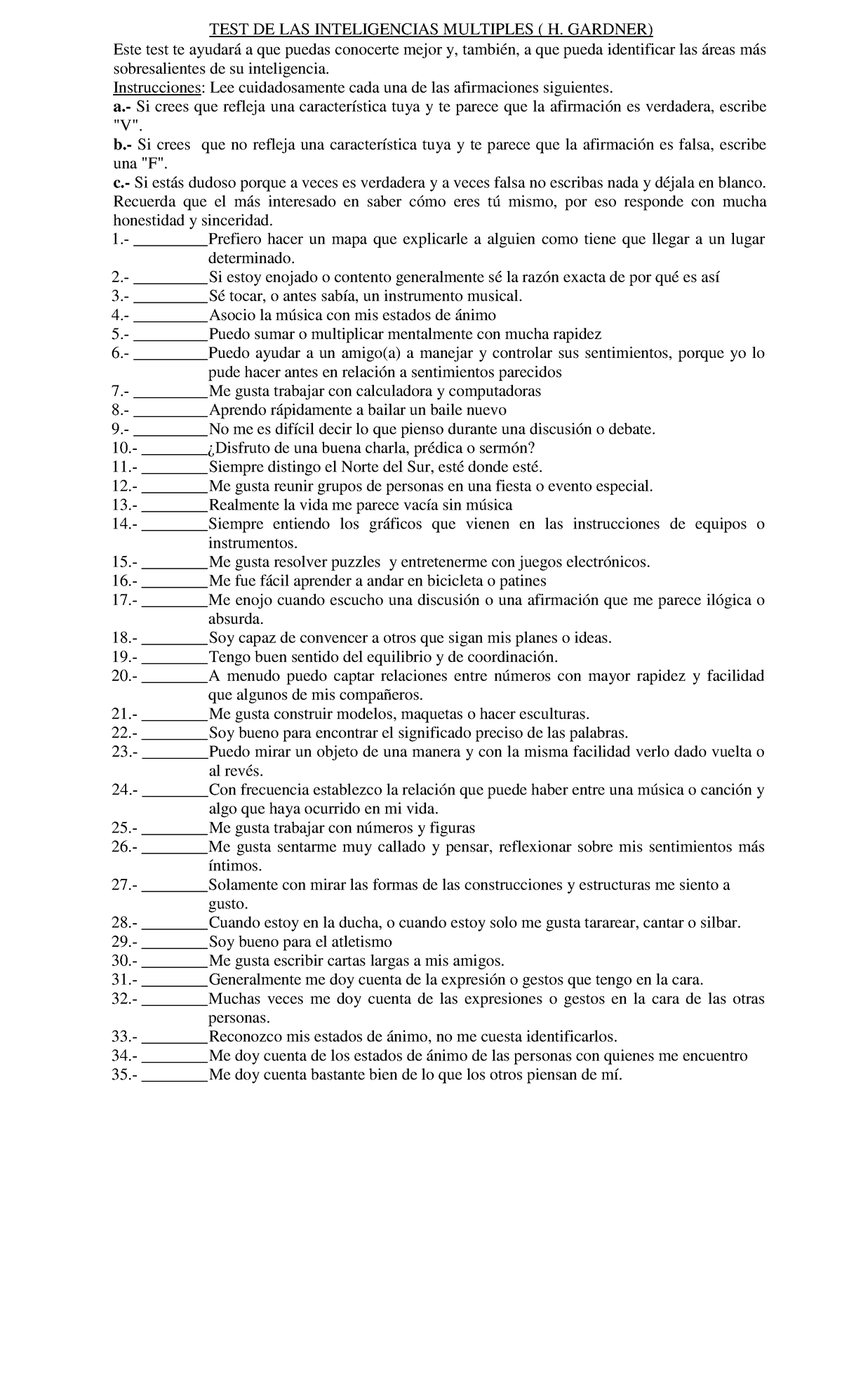 Test de Inteligencias Múltiples según H. Gardner - Guía y Corrección ...