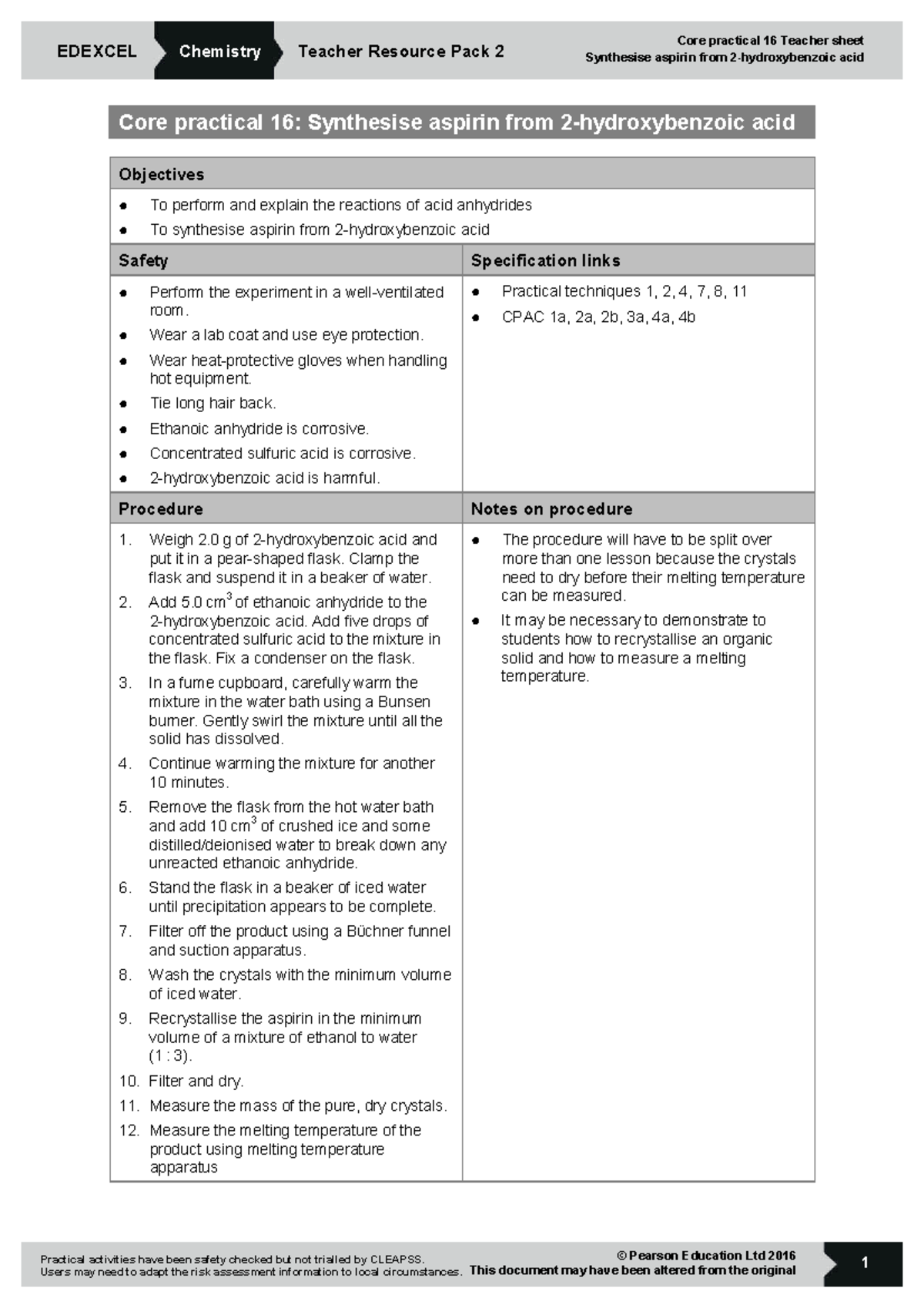 Core Practical 16: Synthesis of Aspirin from 2-Hydroxybenzoic Acid ...