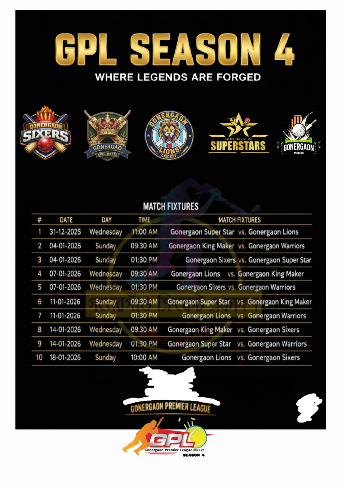 GPL Season 4 Cricket Match Fixtures 2025-26: Gonergaon Teams - Studocu