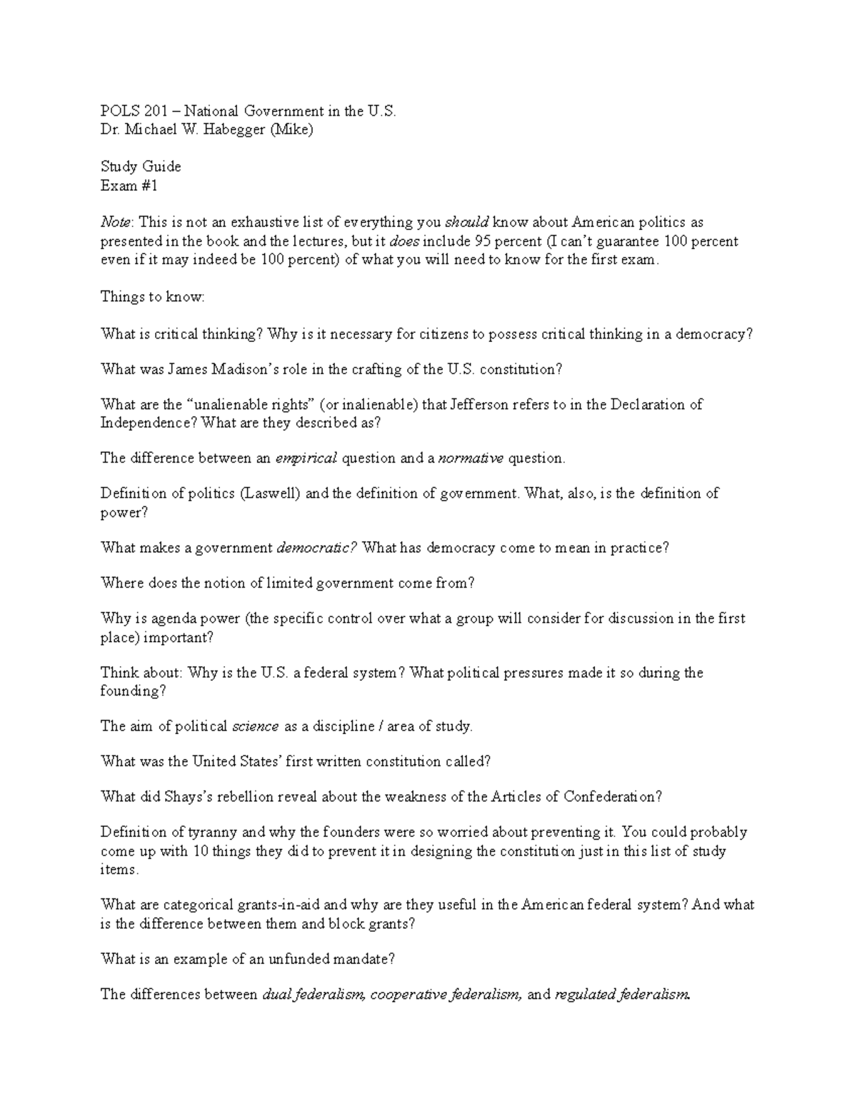 POLS 201 - Study Guide for Exam #1: Key Concepts in U.S. Gov. - Studocu