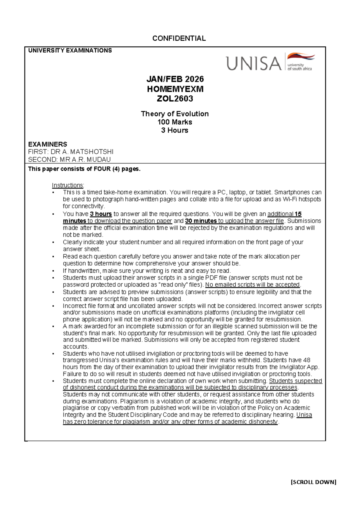 ZOL2603 Final Exam Question Paper - Theory of Evolution 2026 - Studocu