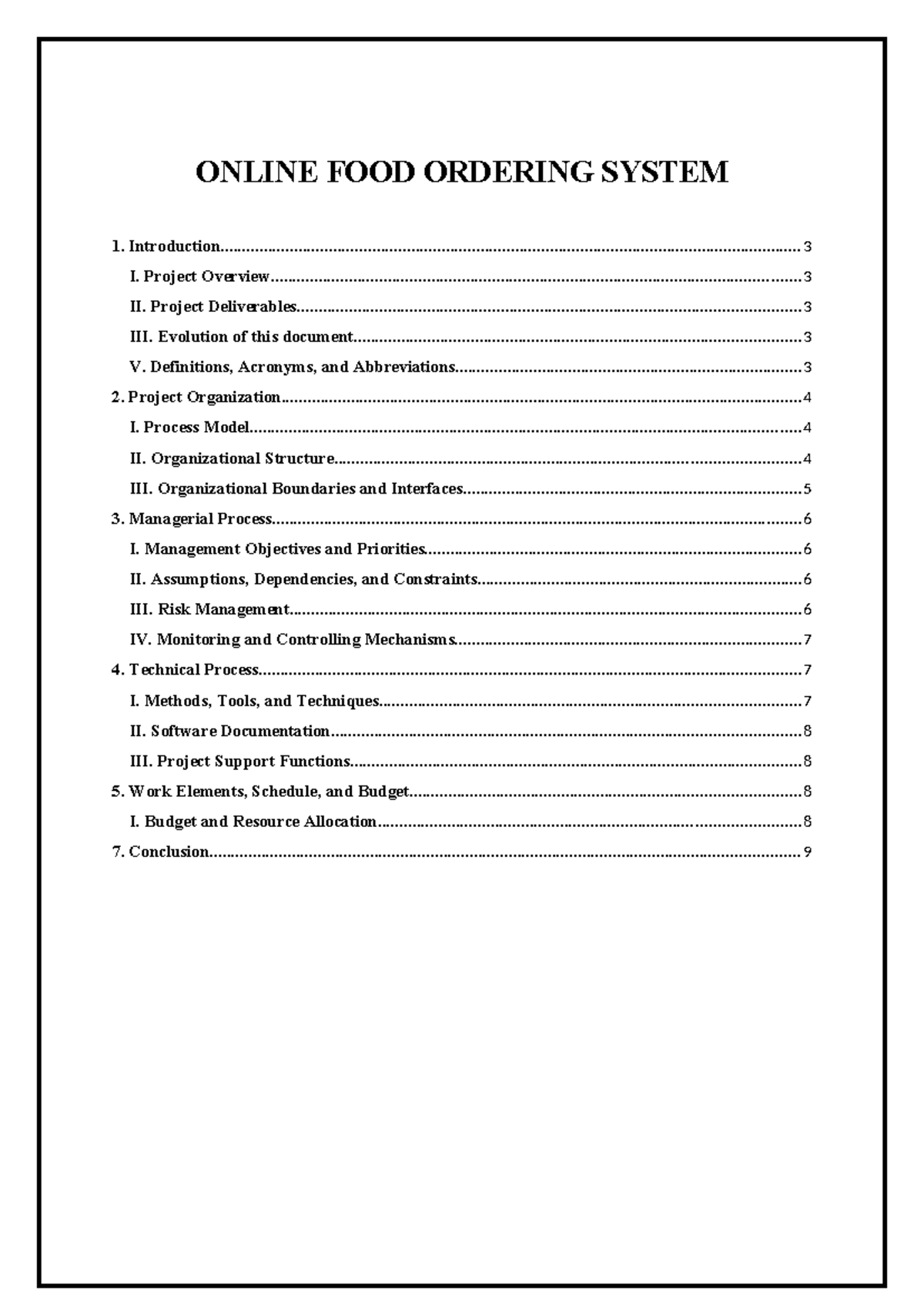 ONLINE FOOD ORDERING SYSTEM SPMP: Project Management Plan Overview ...