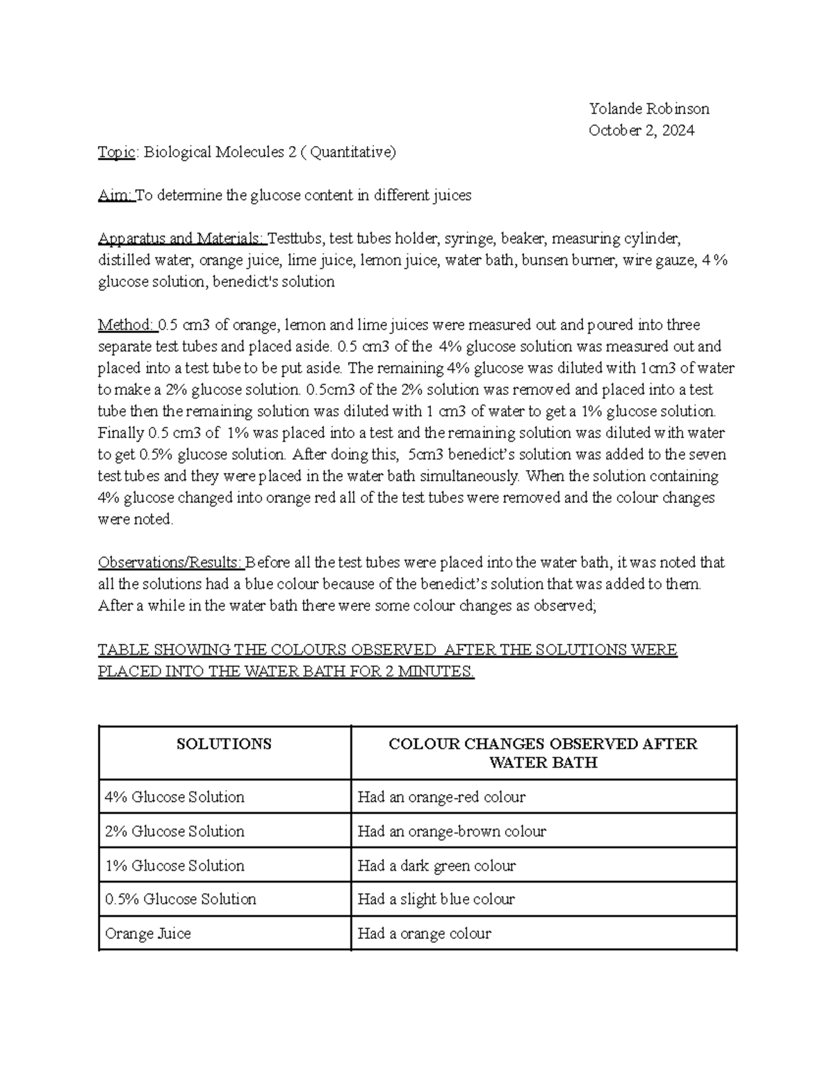 Gluclose Test Lab Report - Biological Molecules 2 Analysis - Studocu