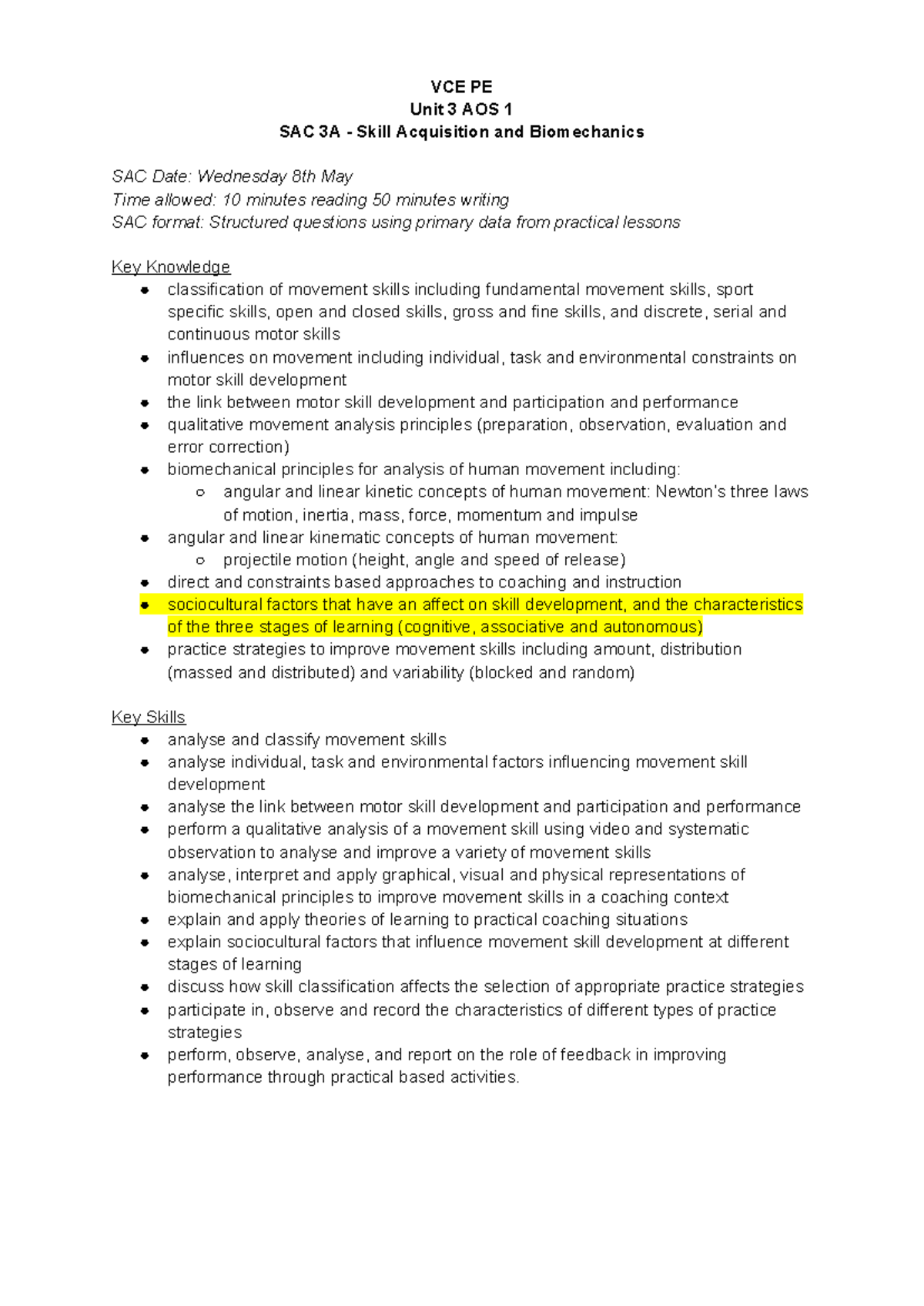 Unit 3 AOS 1 SAC Part A Preparation Sheet - VCE PE Unit 3 AOS 1 SAC 3A ...