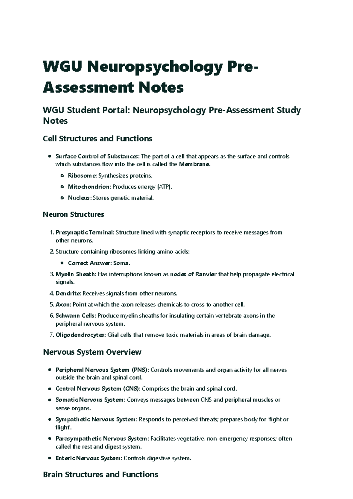 WGU Neuropsychology Pre-Assessment Study Notes - Studocu