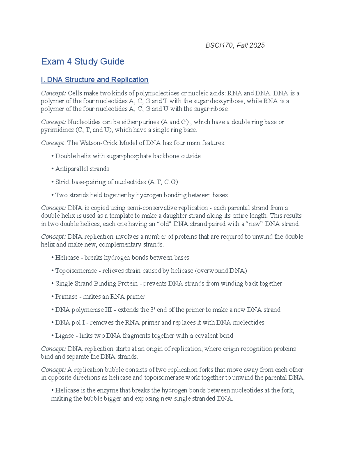 BSCI170 Fall 2025 Exam 4 Study Guide: DNA Structure & Replication - Studocu