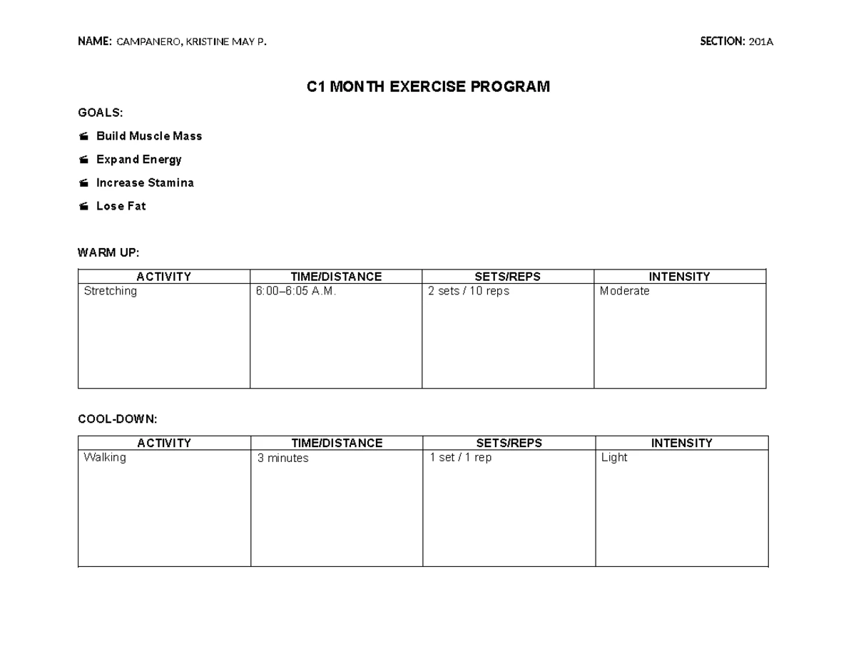 1-Month Exercise Program Goals & Schedule for Campanero (201A C1) - Studocu