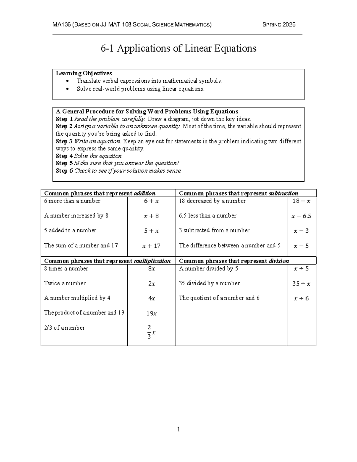 MA136 Spring 2026: Applications of Linear Equations Guide - Studocu