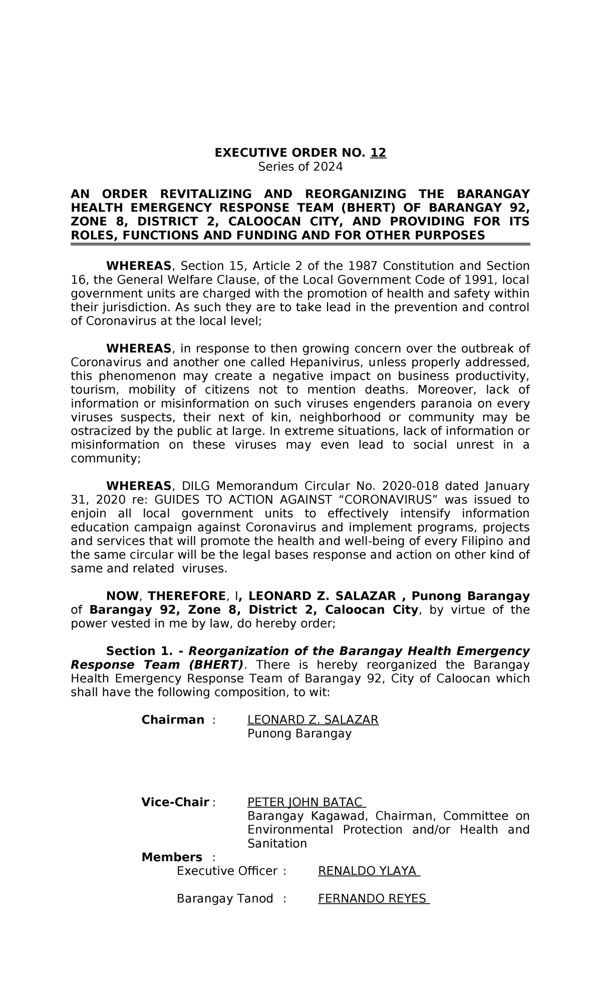 Executive Order No. 12 & 15 for BADAC and BESWMC: Caloocan City ...