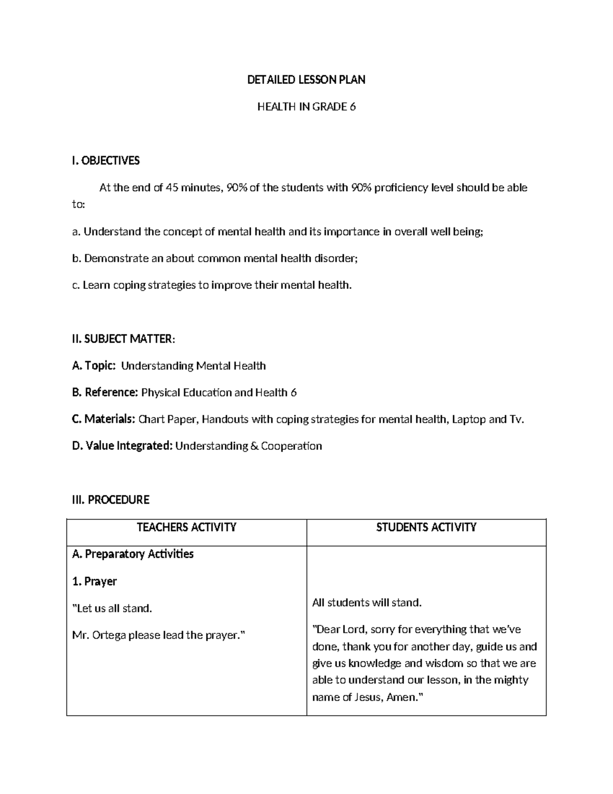HEALTH 6: DETAILED LESSON PLAN ON MENTAL HEALTH - Studocu