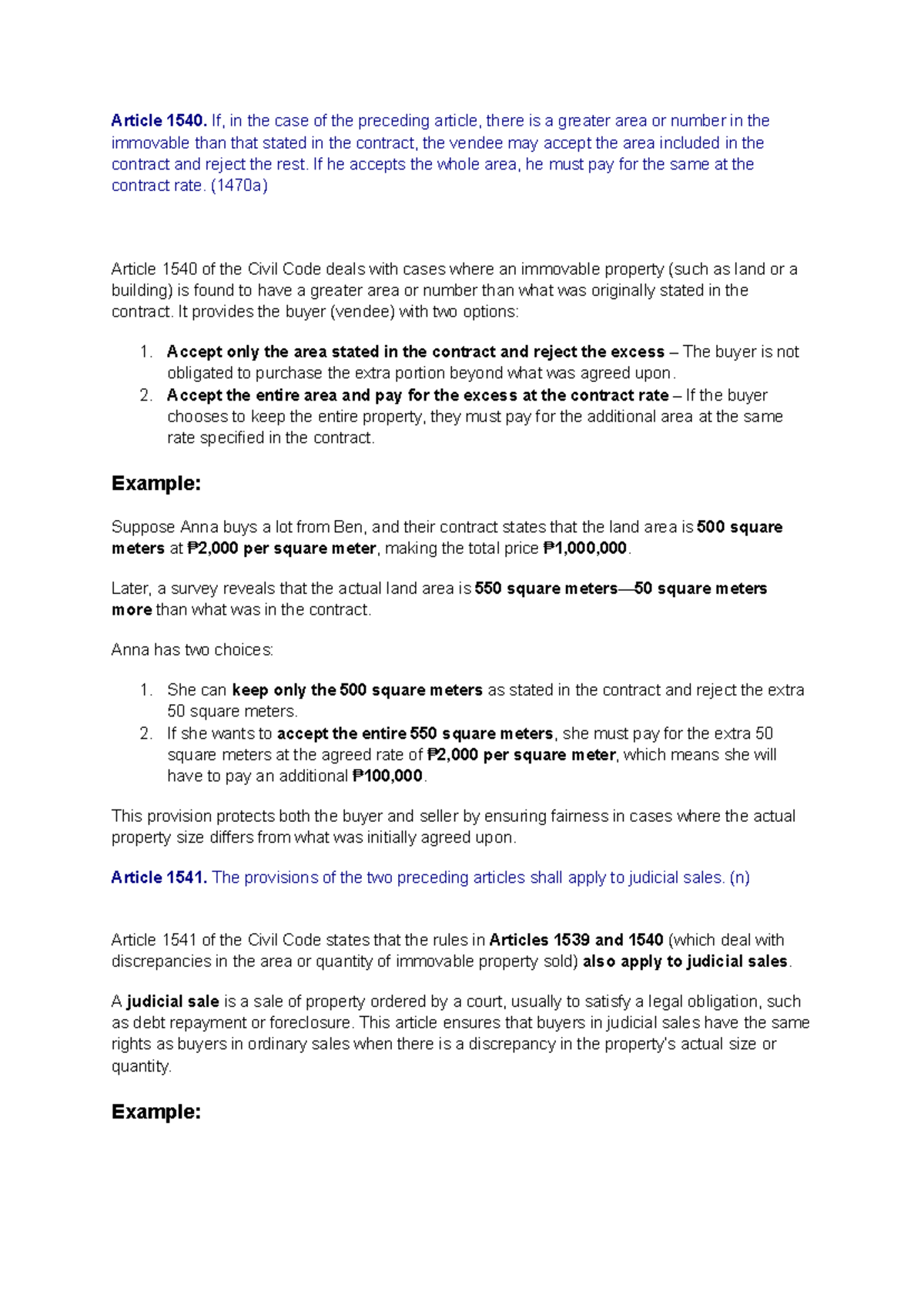 Civil Code Articles 1540-1558: Rights and Obligations in Property Sales ...