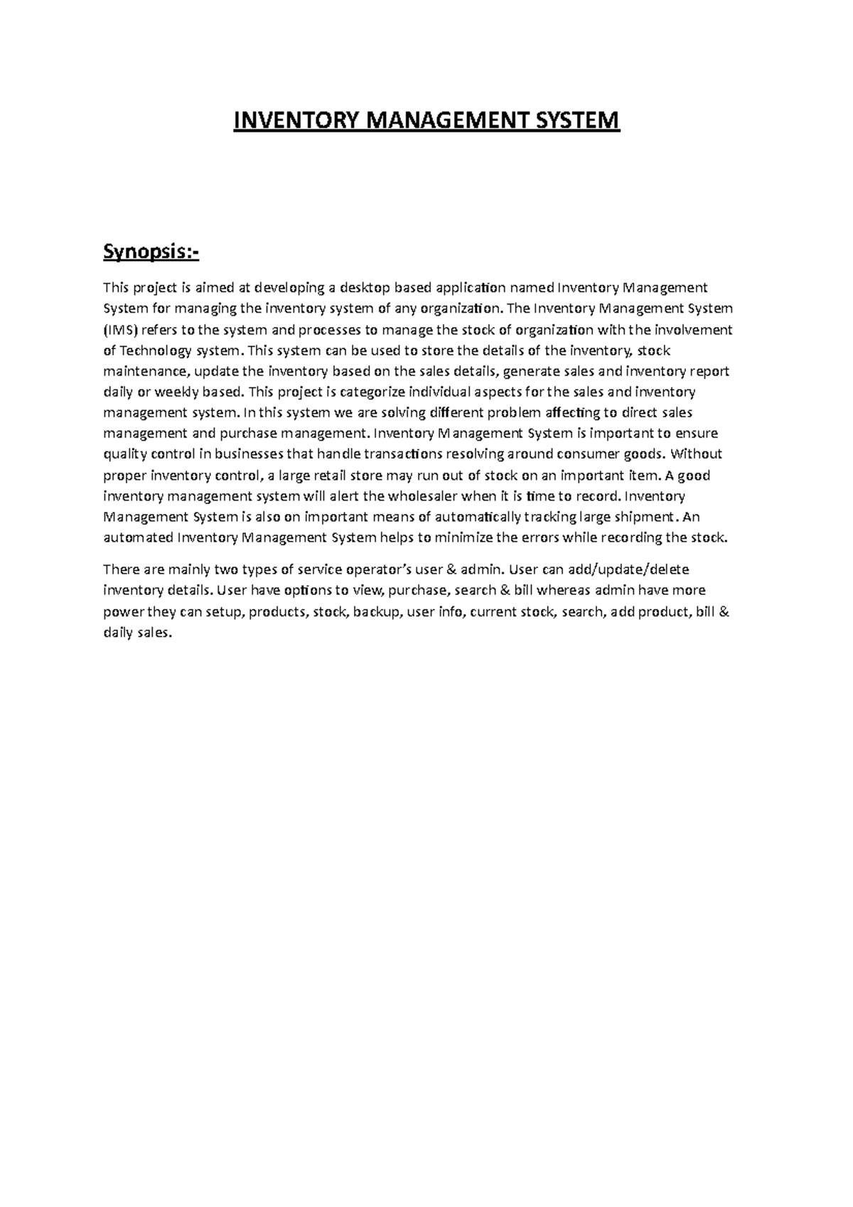 Inventory management system - INVENTORY MANAGEMENT SYSTEM Synopsis ...