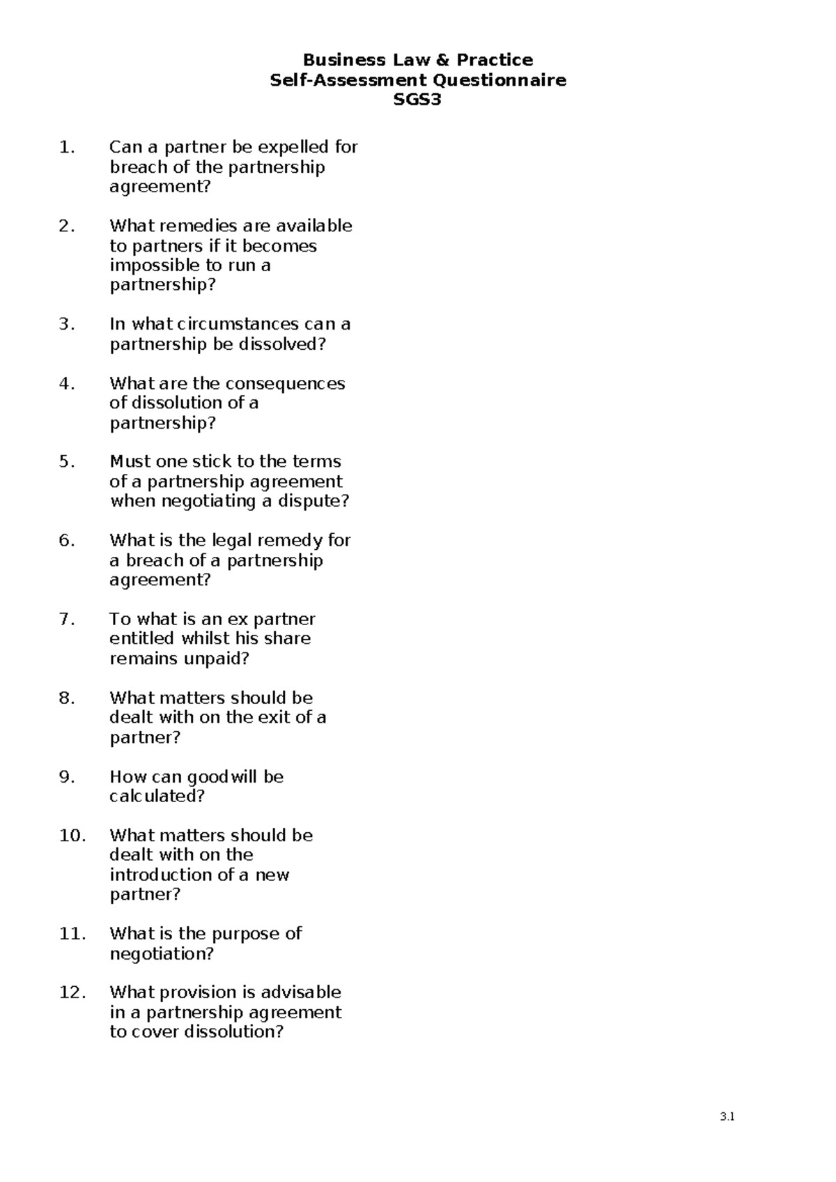 Business Law Practice Questionnaire SGS3: Key Partnership Issues 2025 ...