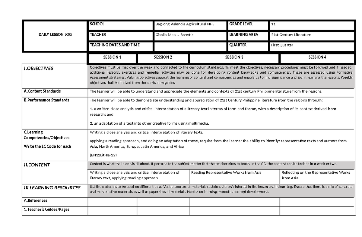 Q2 M1 - Daily Lesson Log for 21st Century Literature Grade 11 - Studocu