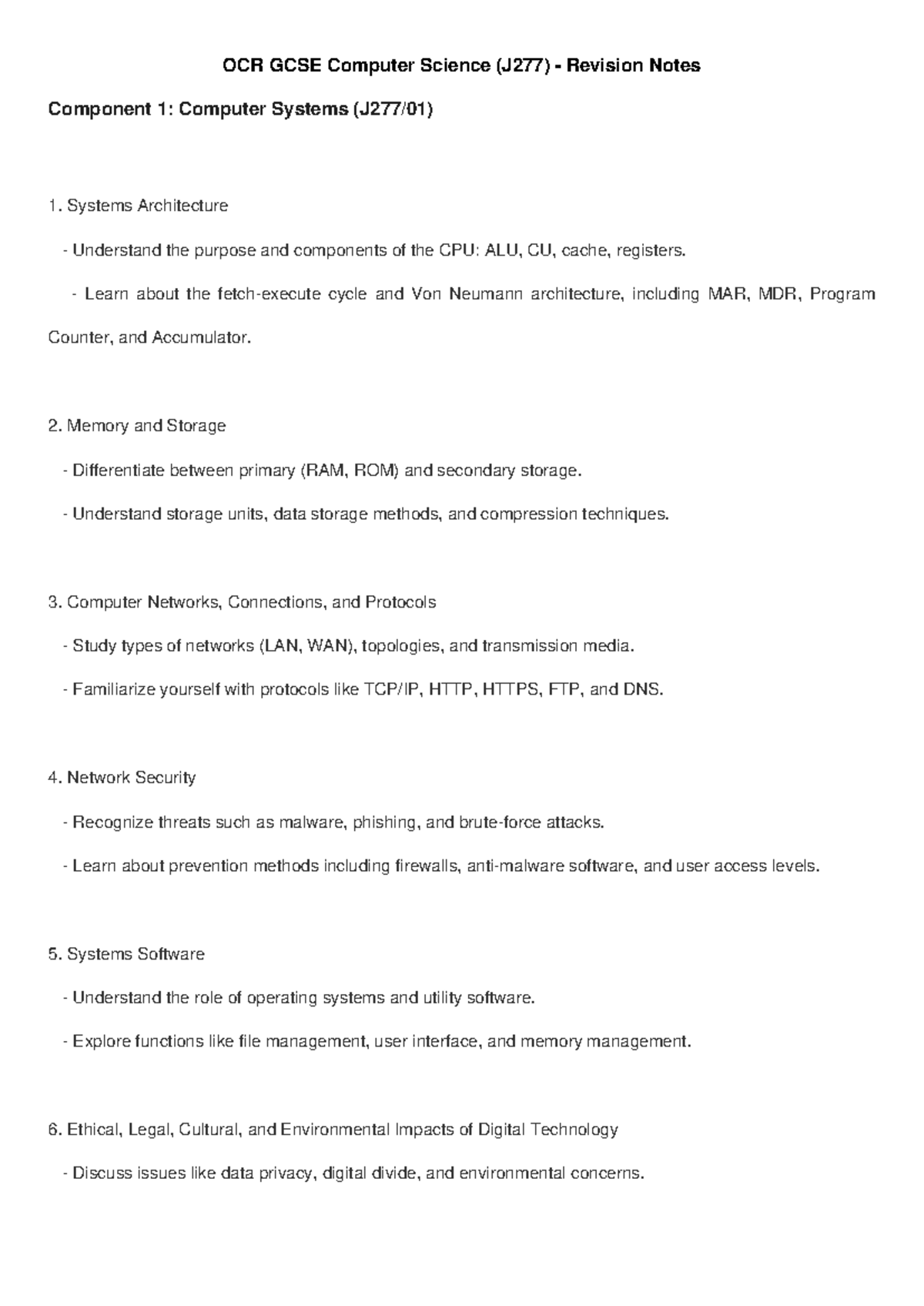 OCR GCSE Computer Science (J277) - Comprehensive Revision Notes - Studocu