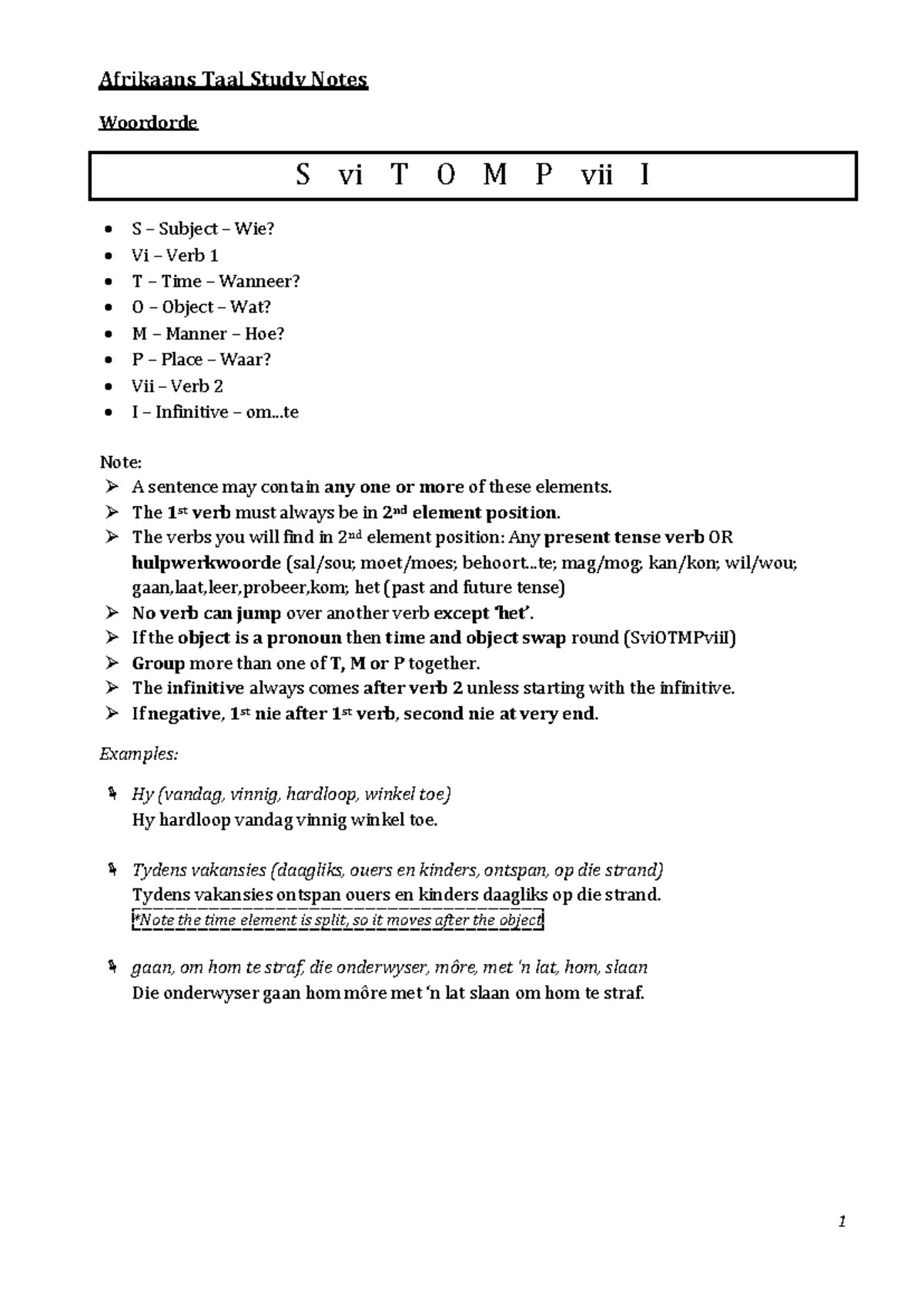 Afrikaans Taal Study Notes: Woordorde en Tye - Studocu