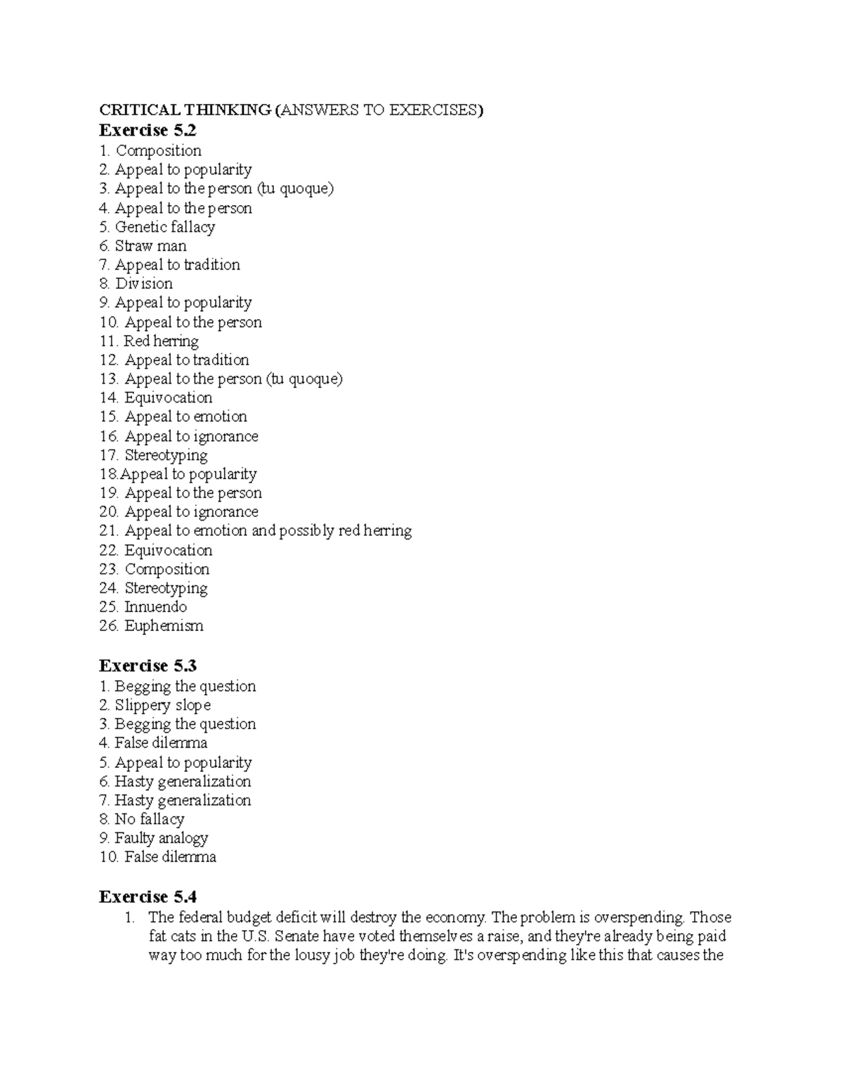 Critical Thinking (3.2, 3.3, 3.9) - CRITICAL THINKING (ANSWERS TO ...