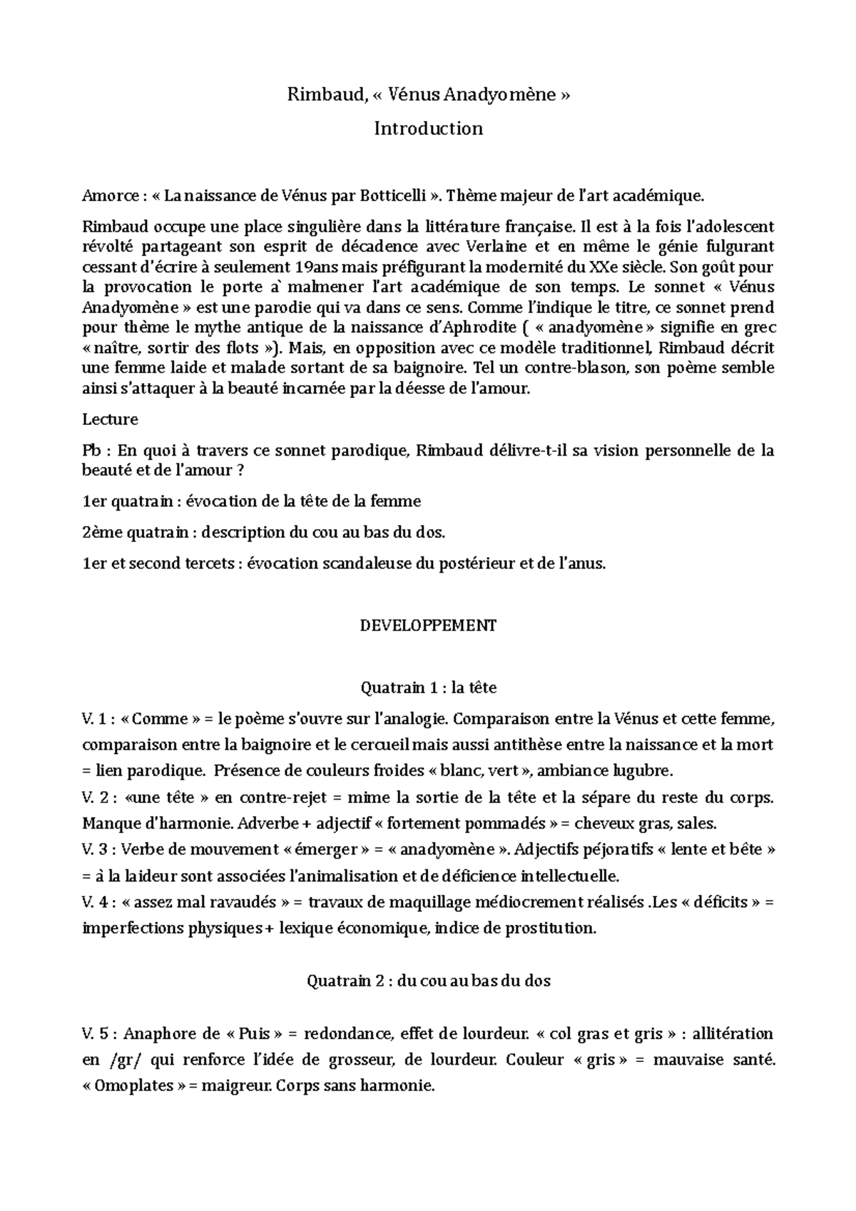 Fiche Oral Bac Français: Analyse de "Vénus Anadyomène" de Rimbaud - Studocu