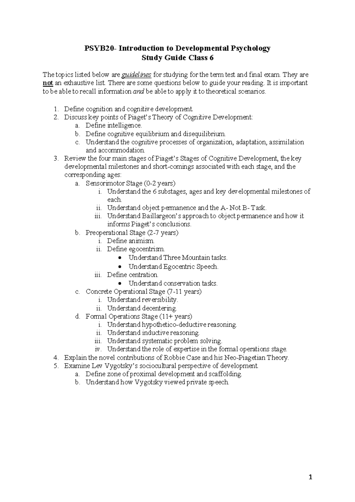 PSYB20 Class 6 Developmental Psychology Study Guide - Studocu