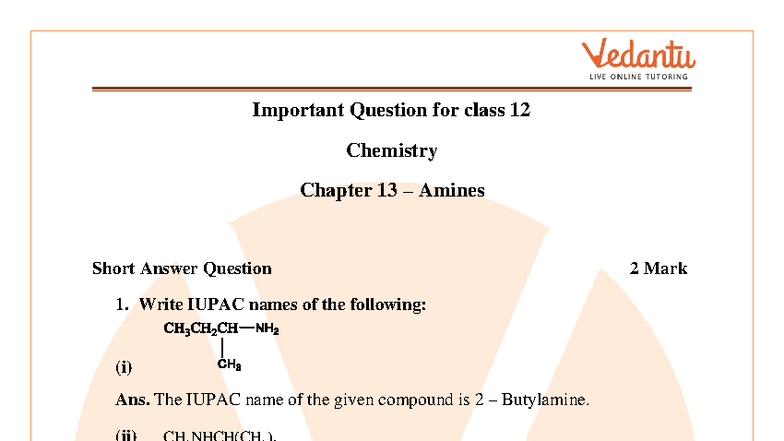 Important Questions for Class 12 Chemistry Chapter 13: Amines - Studocu