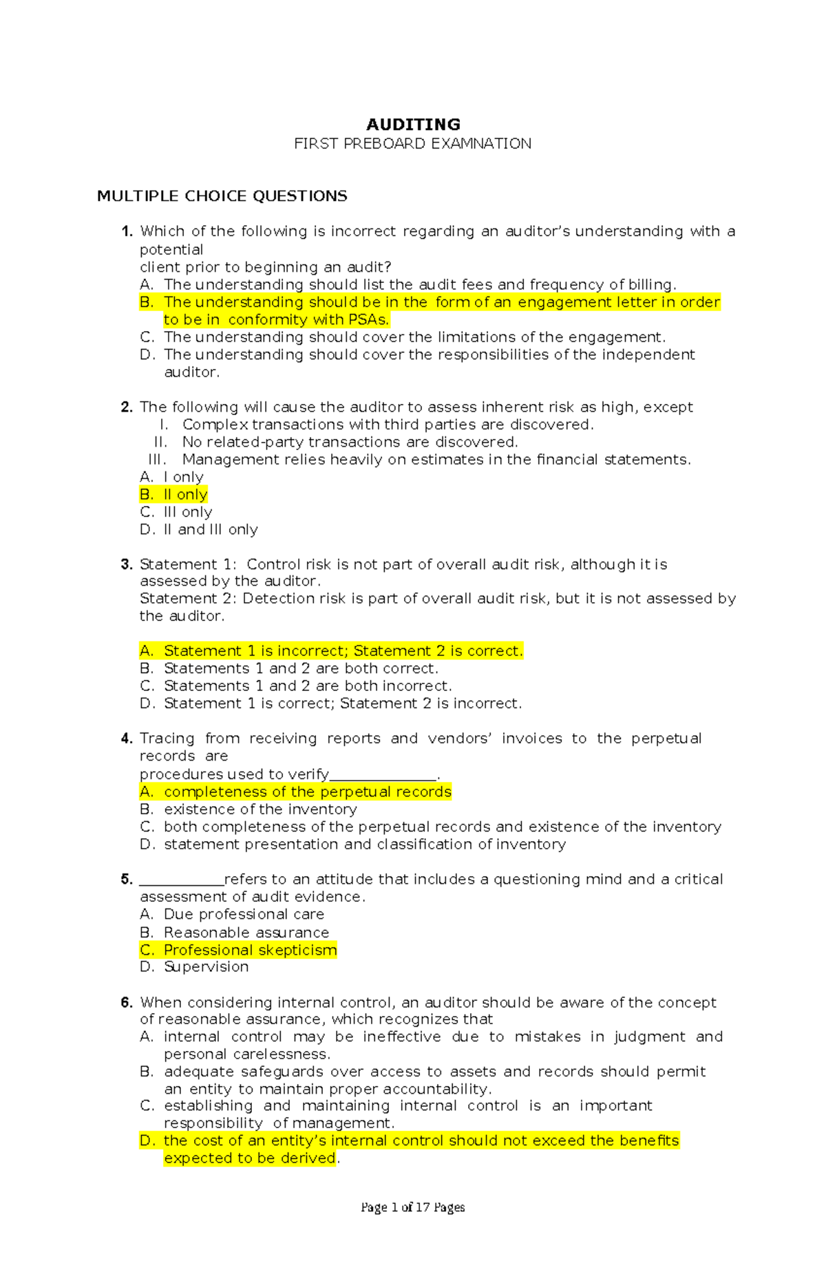 Auditing First Preboard 2425 Practice TEST - AUDITING FIRST PREBOARD ...
