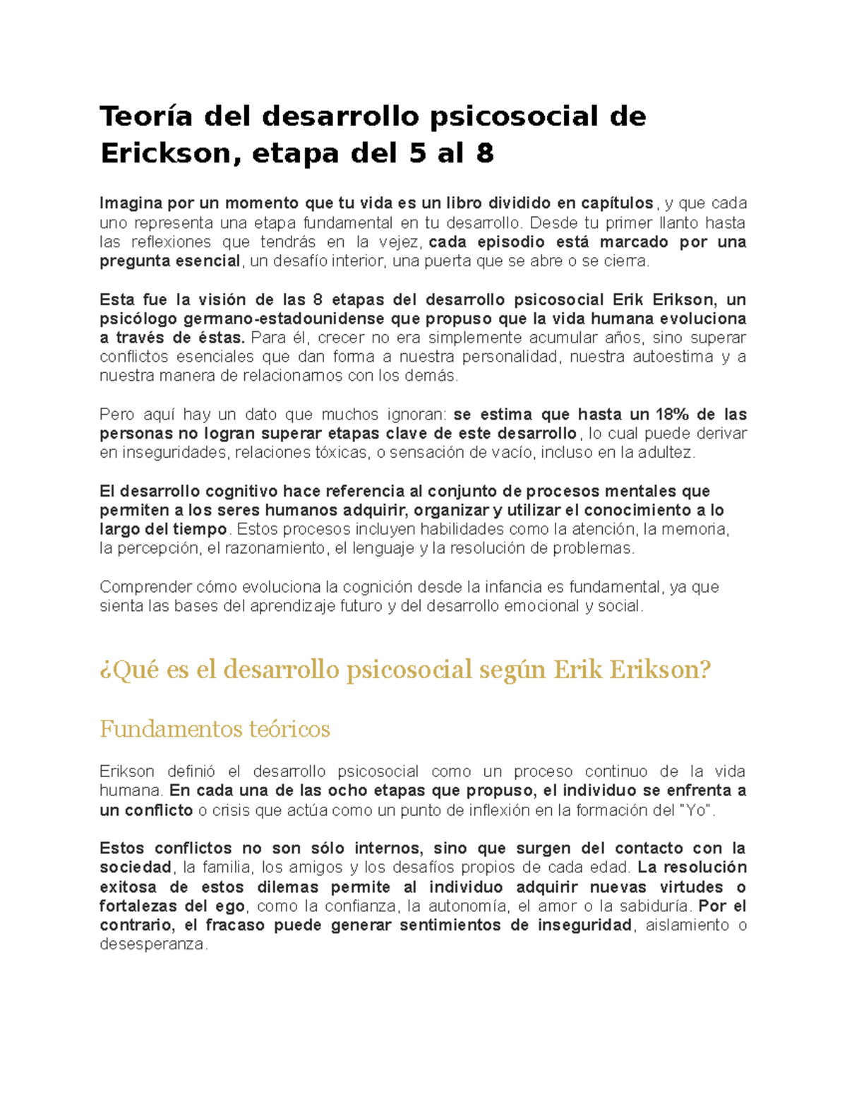 Teoría del desarrollo psicosocial de Erikson: Etapas 5 a 8 - Studocu