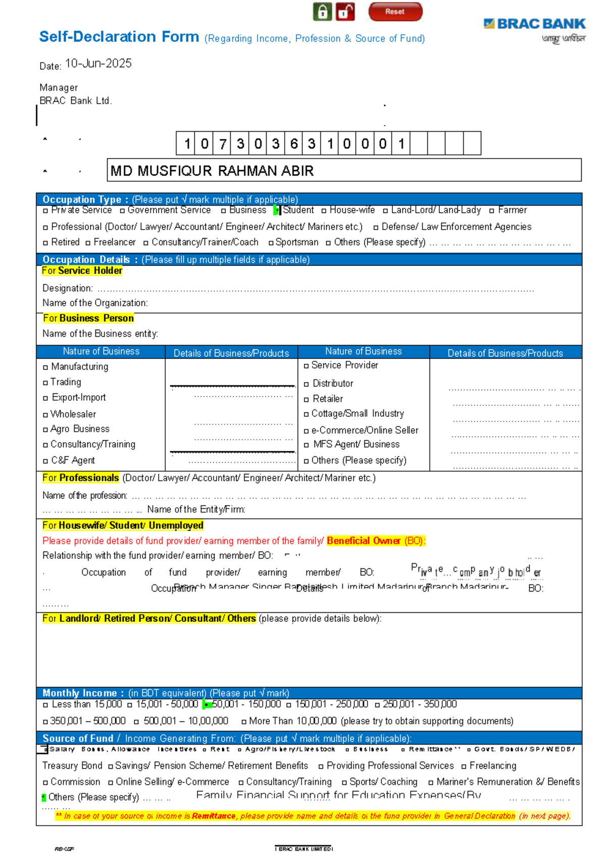 Self Declaration Form (Source of Income & Fund) - BRAC Bank Ltd. - Studocu