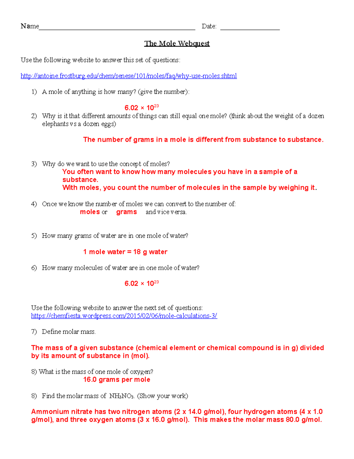 Mole Webquest Answer Key for Chemistry 101: Key Concepts Explored - Studocu