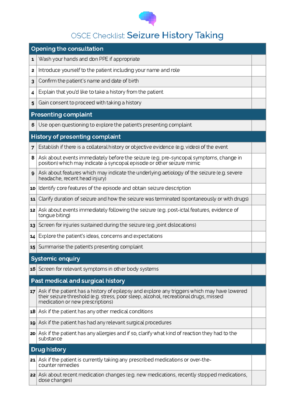 Seizure History Taking OSCE Checklist: Key Steps for Success - Studocu