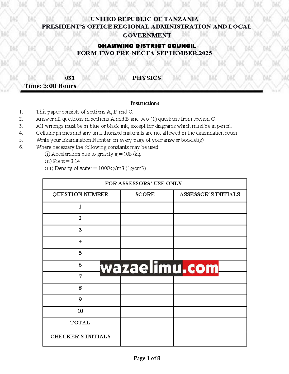 031 Physics Form Two September 2025 Exam Paper - Studocu