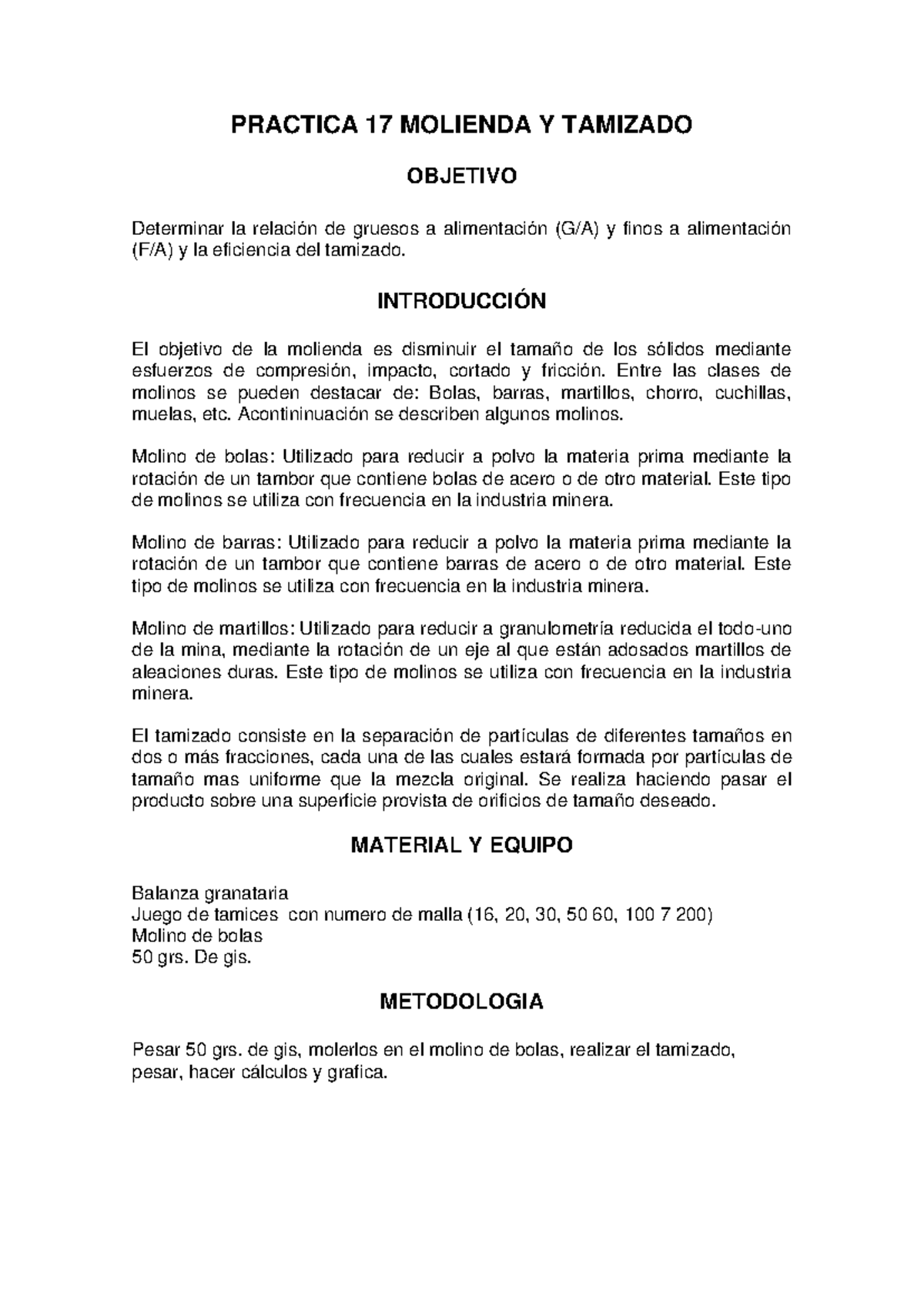 PRACTICA 17: MOLIENDA Y TAMIZADO - Eficiencia y Métodos - Studocu