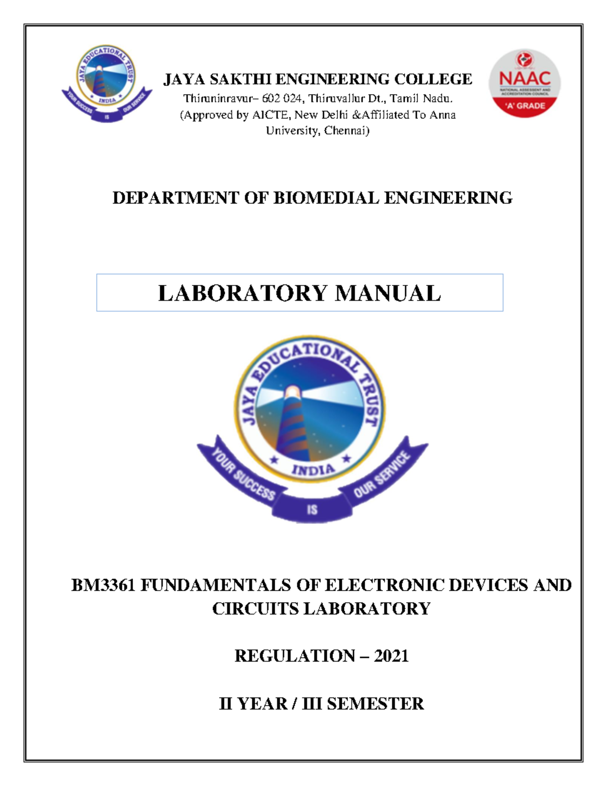 BM3361 Fundamentals of Electronic Devices & Circuits Lab Manual - Studocu