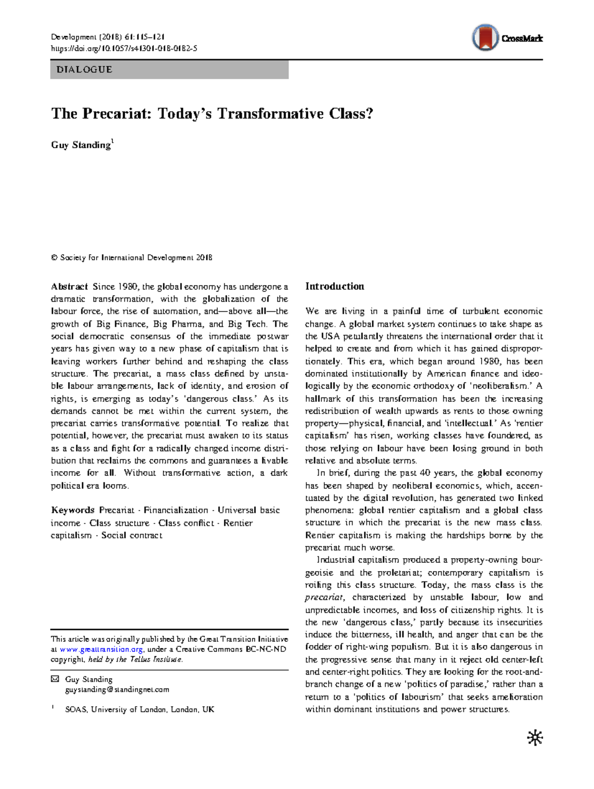 The Precariat: Transformative Class Insights (2018) DIALOGUE - Studocu