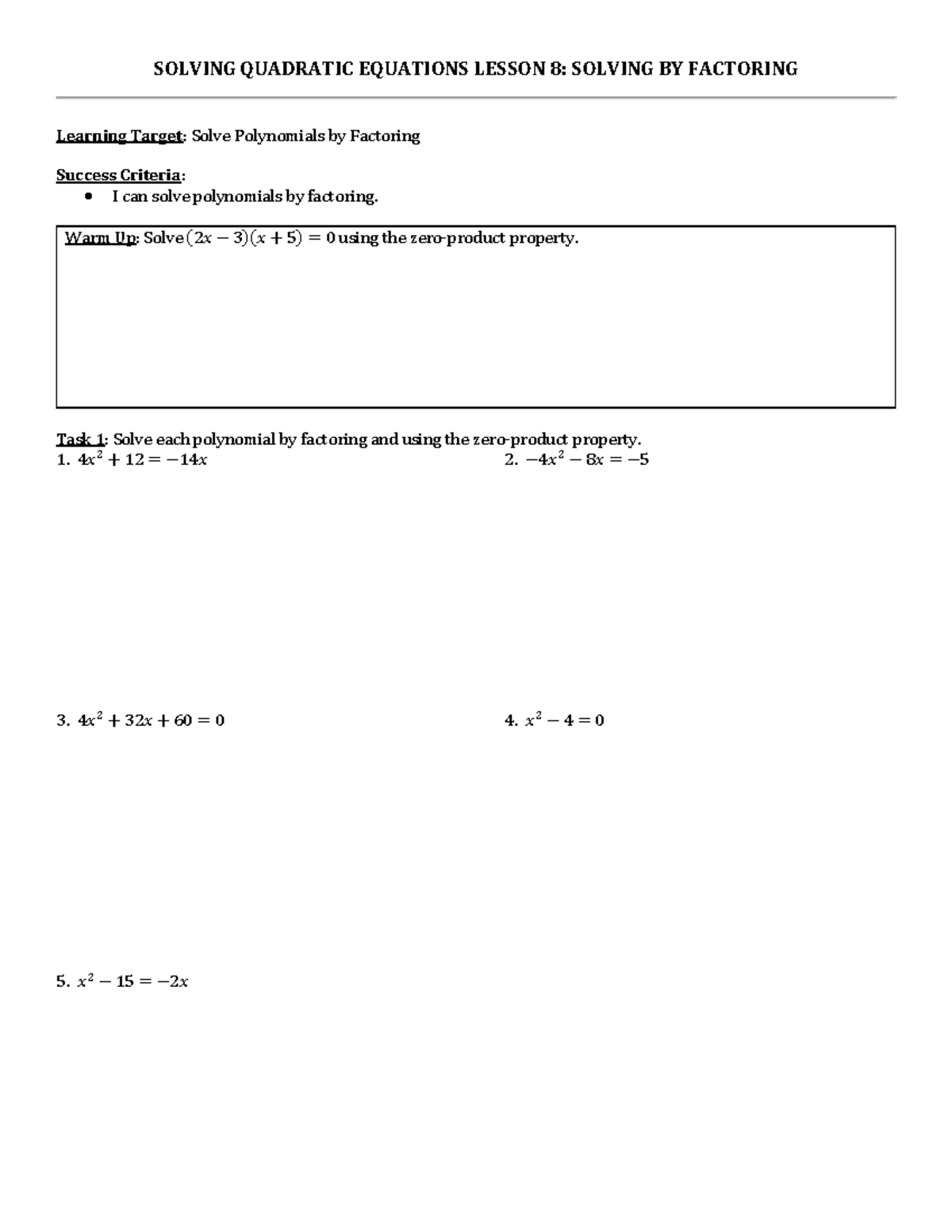 Solving Quadratic Equations Lesson 8 Notes - SOLVING QUADRATIC ...