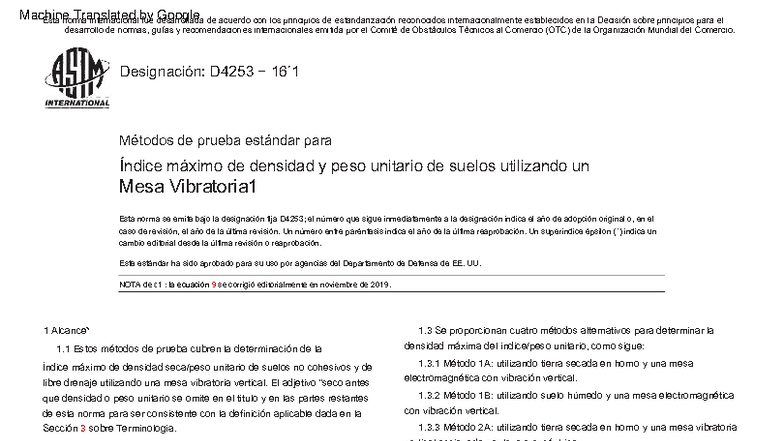 Métodos de Prueba ASTM D4253-16E01: Densidad Máxima de Suelos - Studocu
