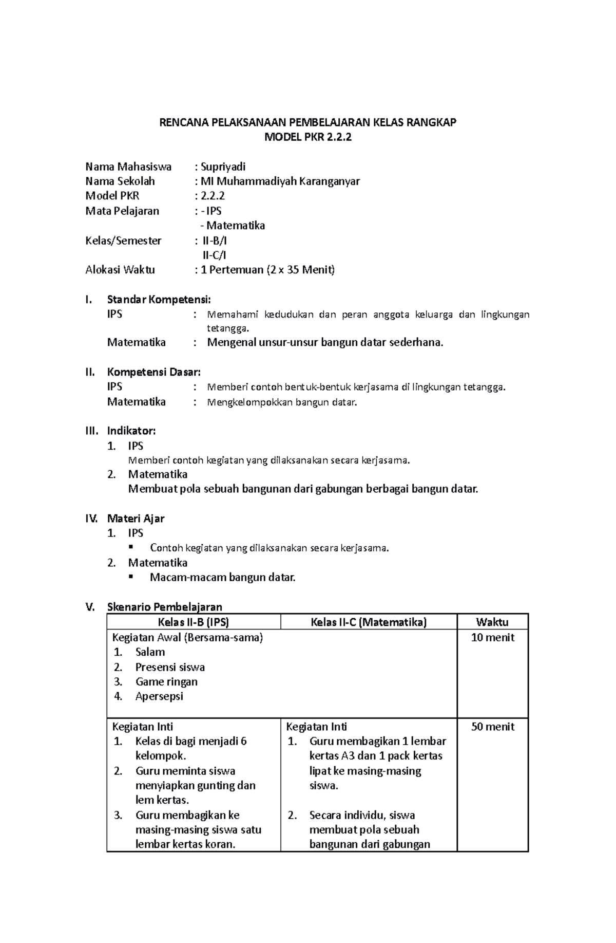 RPP Pembelajaran Kelas Rangkap Model PKR 2.2.2 - Supriyadi - Studocu