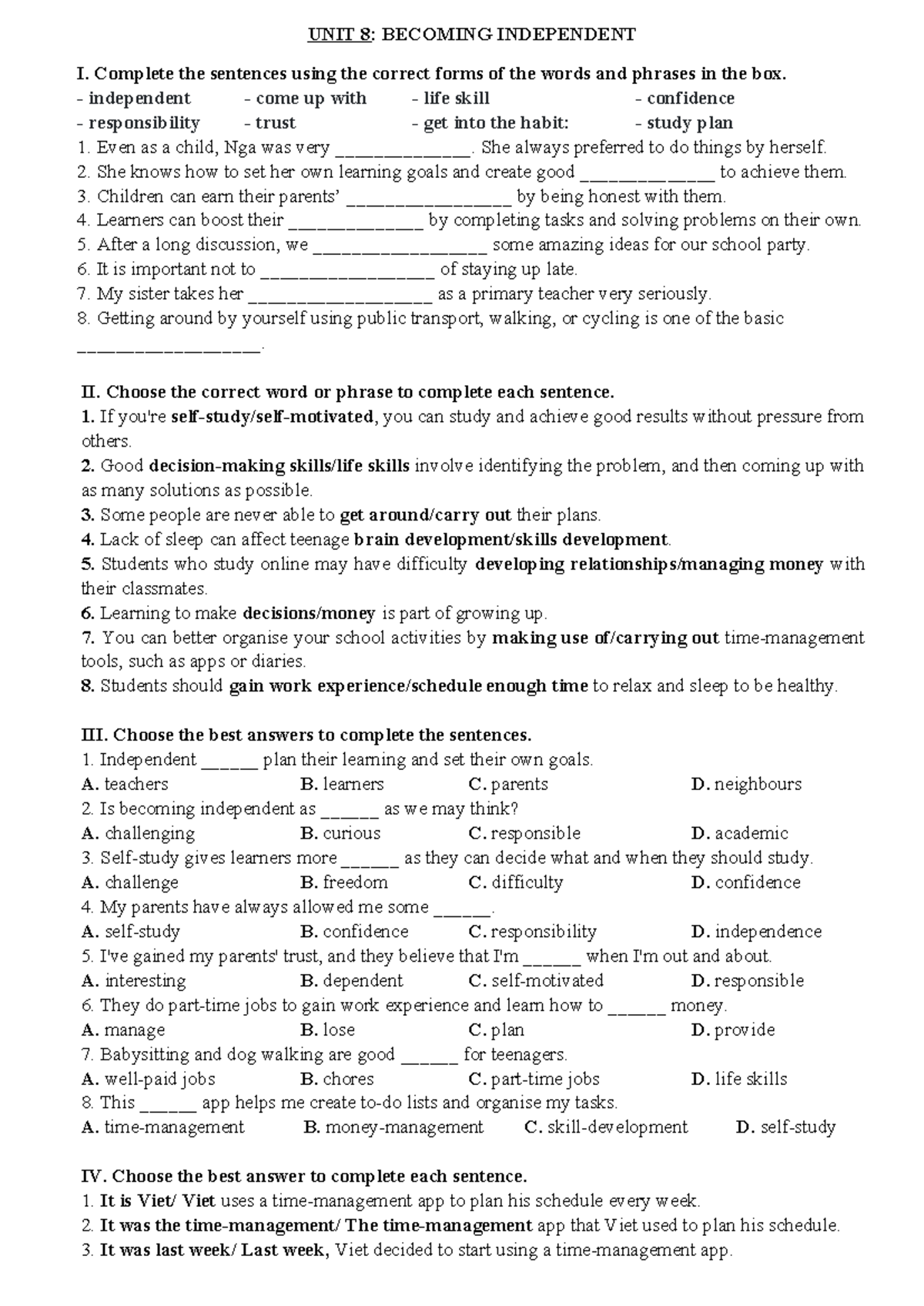 Unit 8: Becoming Independent - Study Guide and Exercises - Studocu