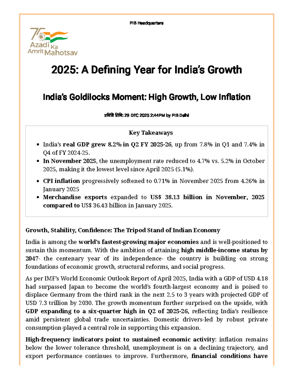 PIB HQ 2025: Economic Growth, Low Inflation & Employment Trends - Studocu