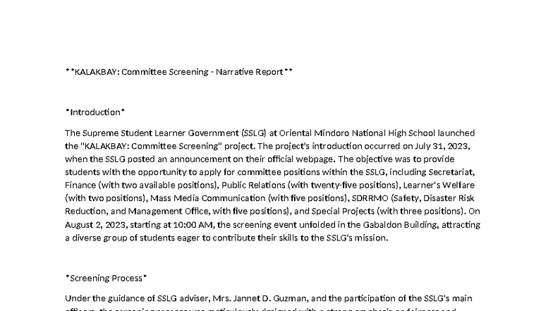 Committee Screening Narrative for SSLG at OMNHS - Studocu