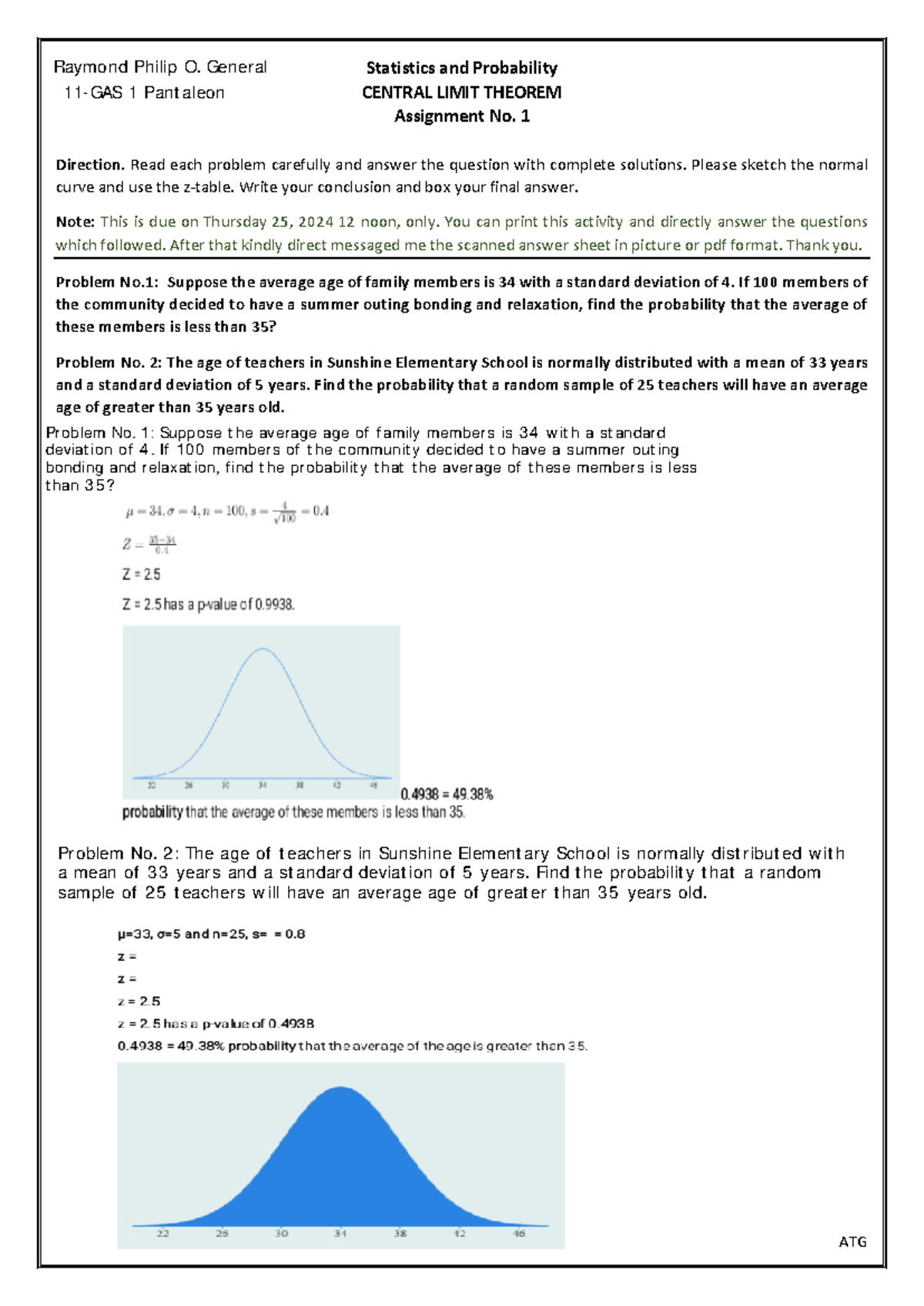 ATG Statistics Assignment 1: Central Limit Theorem Problems - Studocu
