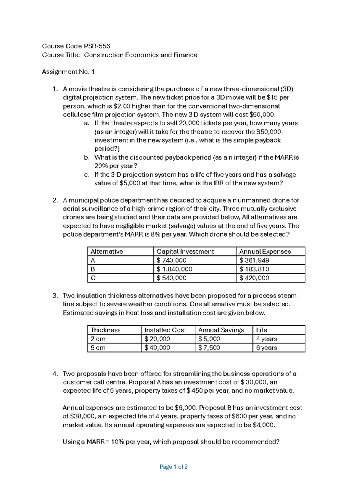 Construction Economics and Finance: Assignment 1 Questions - Studocu