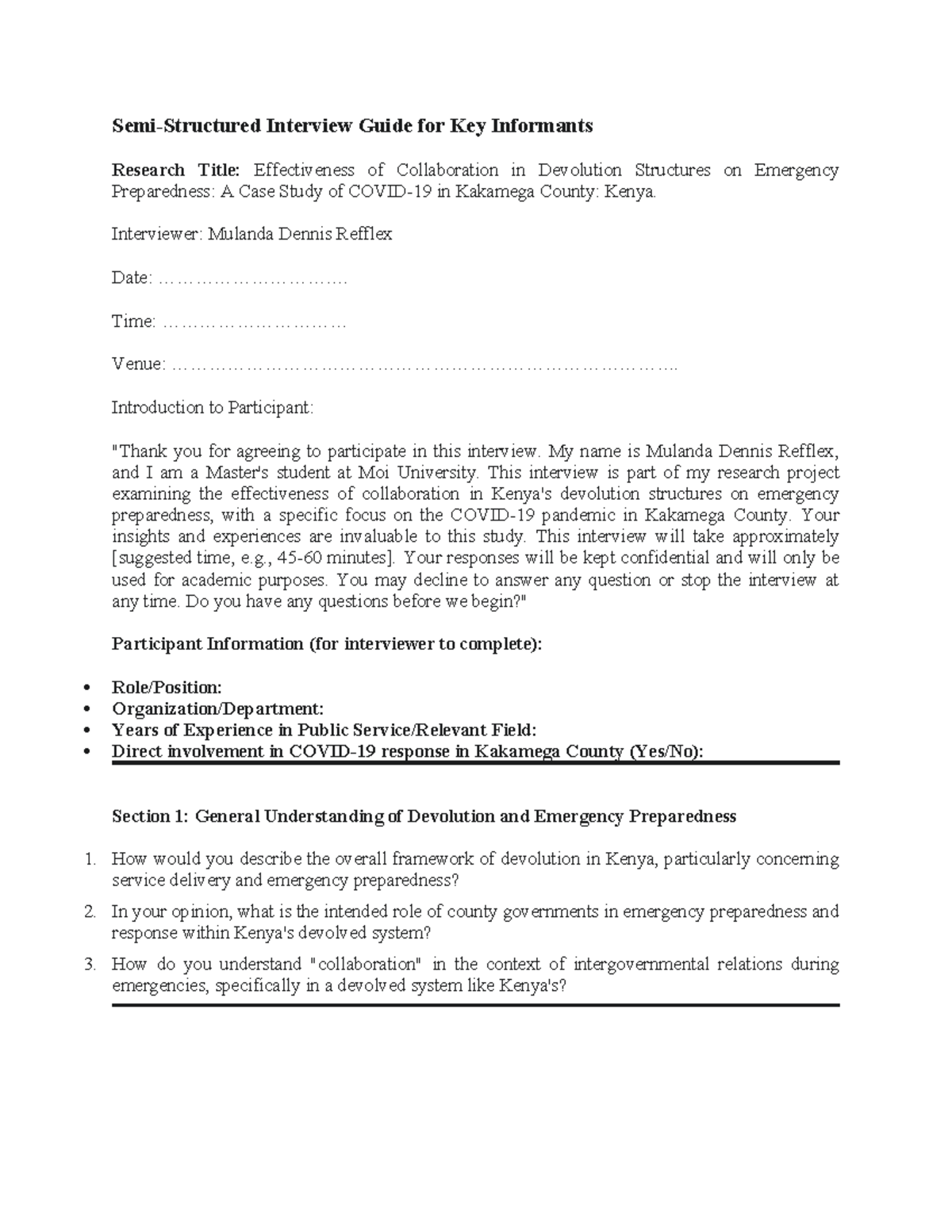 Interview Guide for Key Informants: Collaboration in Devolution ...