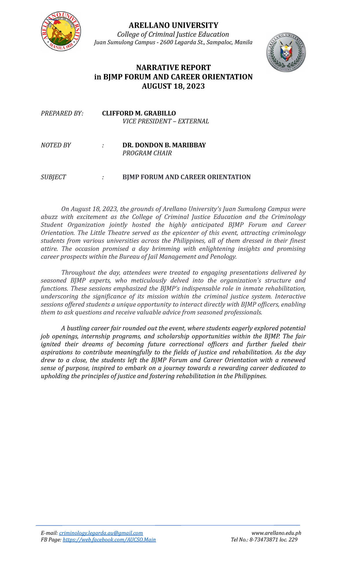 BJMP- Narrative Report on Career Orientation Event - Aug 2023 - Studocu