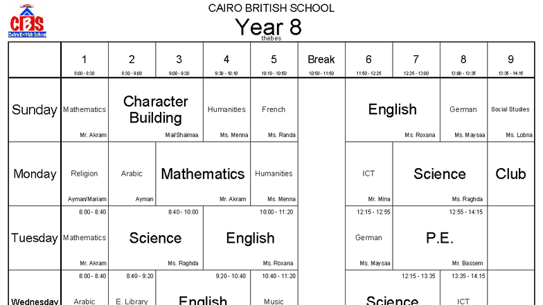 Y8 Timetable 2025-2026 - CAIRO BRITISH SCHOOL - Studocu